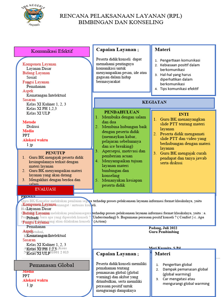 Rencana Pelaksanaan Layanan BK 2022 | PDF