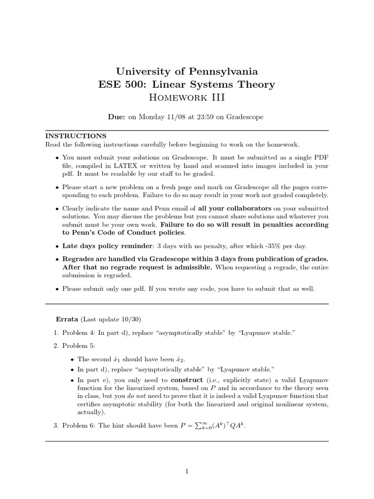 ESE 500 Homework3 PDF | PDF | Stability Theory | Mathematical Physics