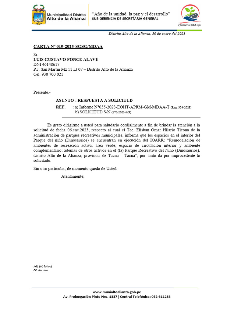 CARTA #019-2023-SGSG-MDAA - Respuesta A Solicitud Luis Ponce | PDF ...