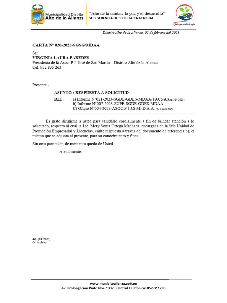 CARTA #020-2023-SGSG-MDAA - Respuesta A Solicitud Virginia Laura | PDF ...
