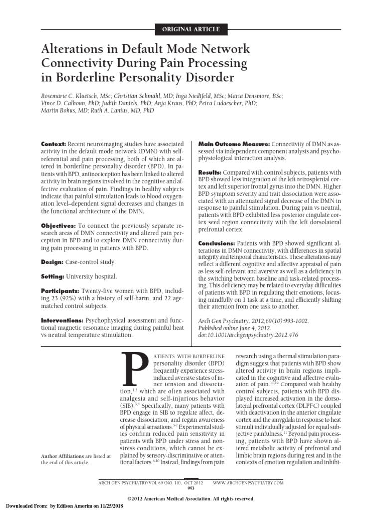(PERSONALIDADE) Alterations in Default Mode Network Connectivity During Pain Processing in ...