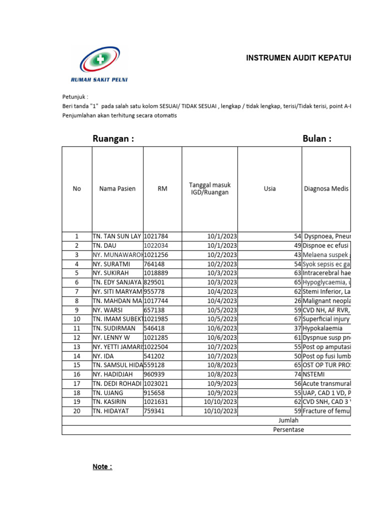 Instrumen Audit Kepatuhan Pencegahan Plebitis Dan Dekubitus | PDF