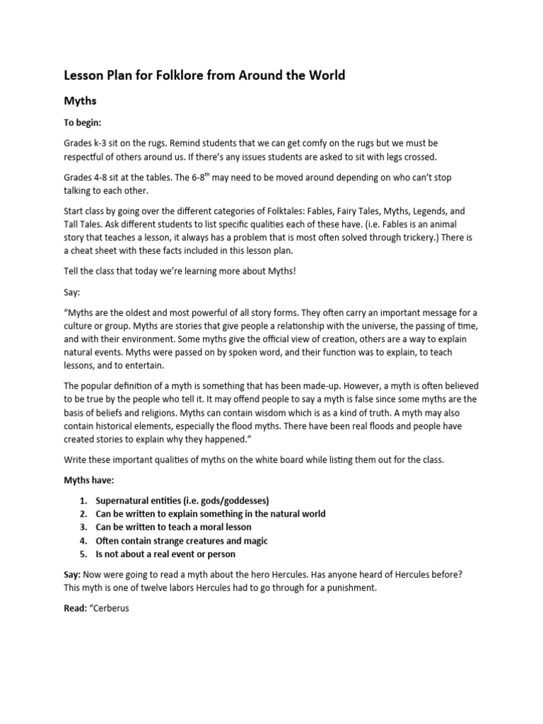 Myths Lesson Plan for Grades K-8 | PDF | Hades | Mythology