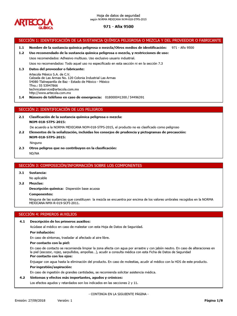 Hoja Seguridad 971 9500 | PDF | Residuos | Toxicidad
