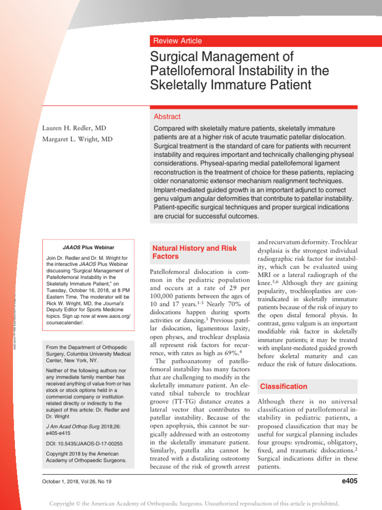 Surgical Management of Patellofemoral Instability in The Skeletally ...