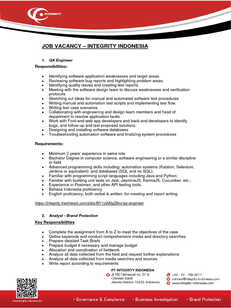 Job Vacancy - Integrity Indonesia - Oktober 2023 | PDF | Software | Information Technology