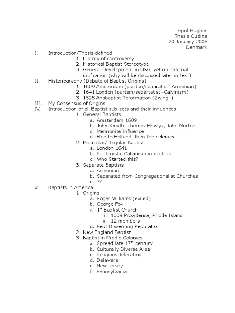 Thesis Outline | PDF | Baptists | Puritans