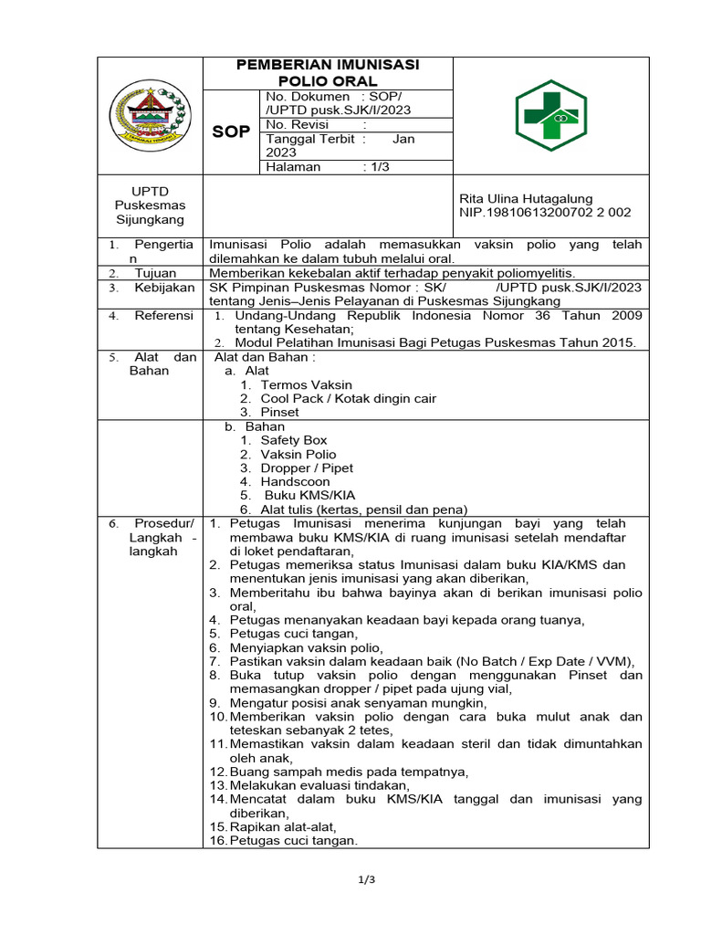 SOP Imunisasi Polio Oral | PDF