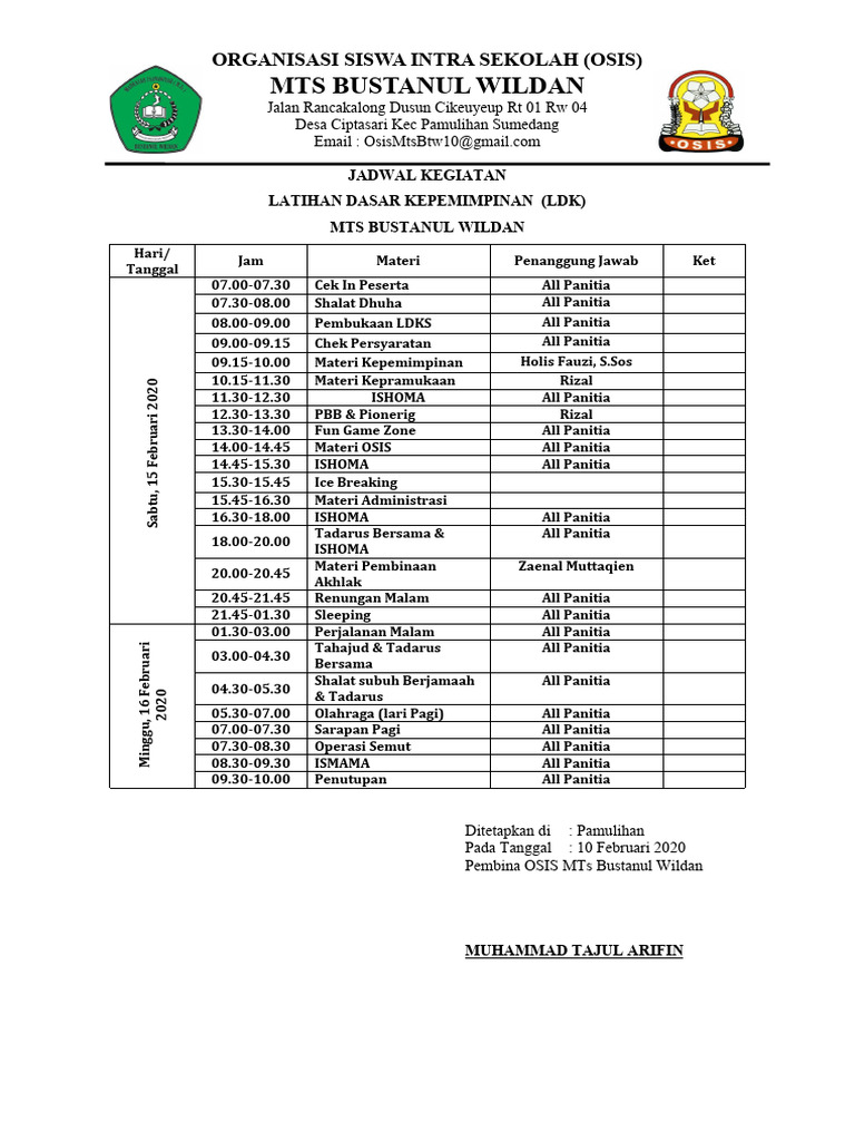 Jadwal Kegiatan LDK 2020 | PDF