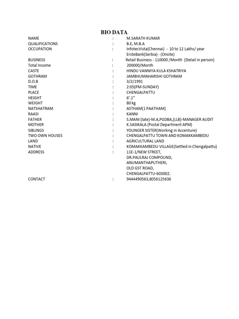 Bio Data - Sarath Kumar.m | PDF