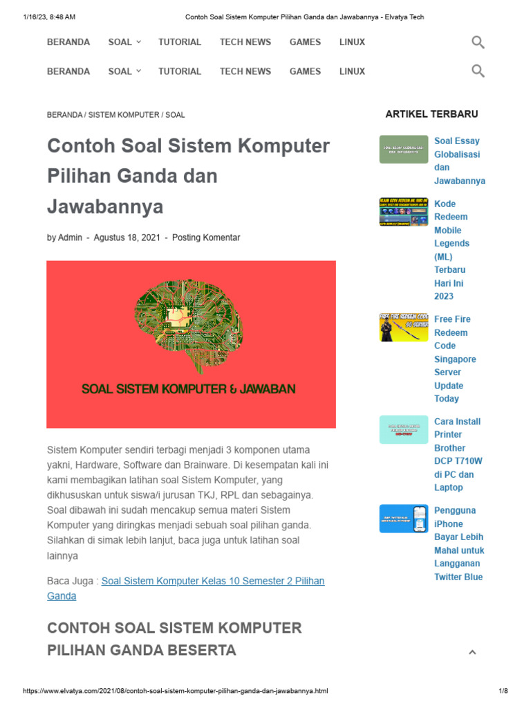 Contoh Soal Sistem Komputer Pilihan Ganda Dan Jawabannya - Elvatya Tech | PDF