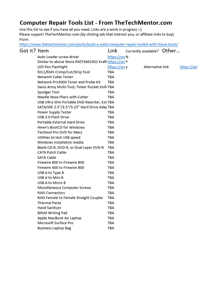 Computer Repair Tools List PDF | PDF | Usb | Laptop