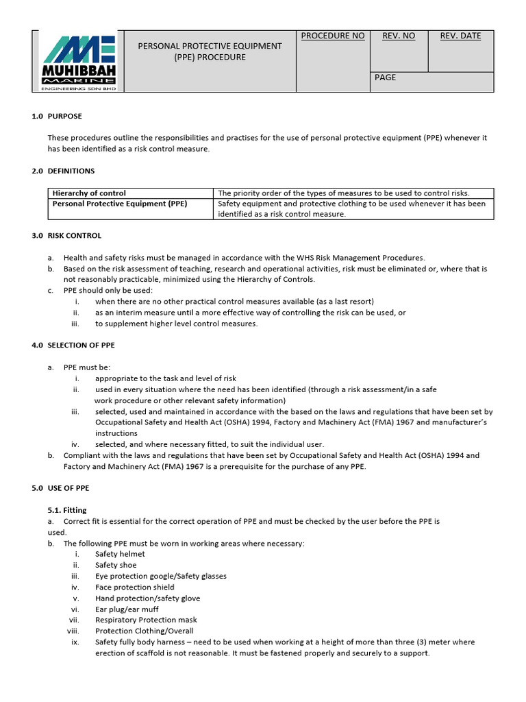PPE Procedure and Responsibilities Guide | PDF | Personal Protective ...