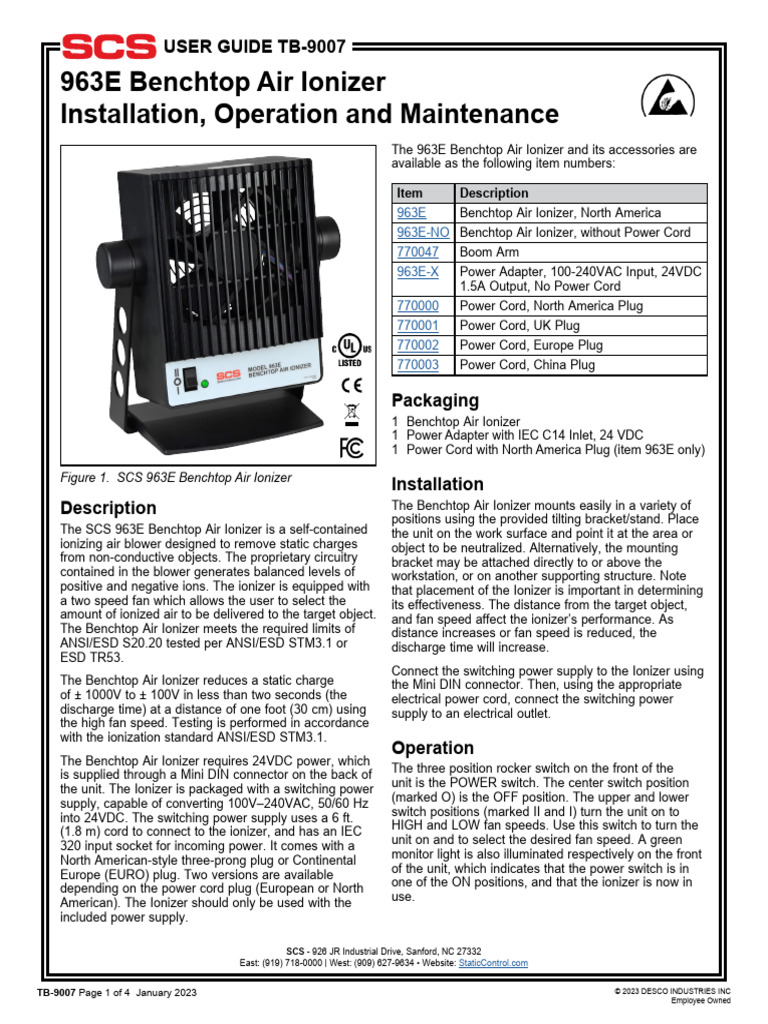 SCS 963E Benchtop Air Ionizer Guide | PDF | Electrostatic Discharge ...
