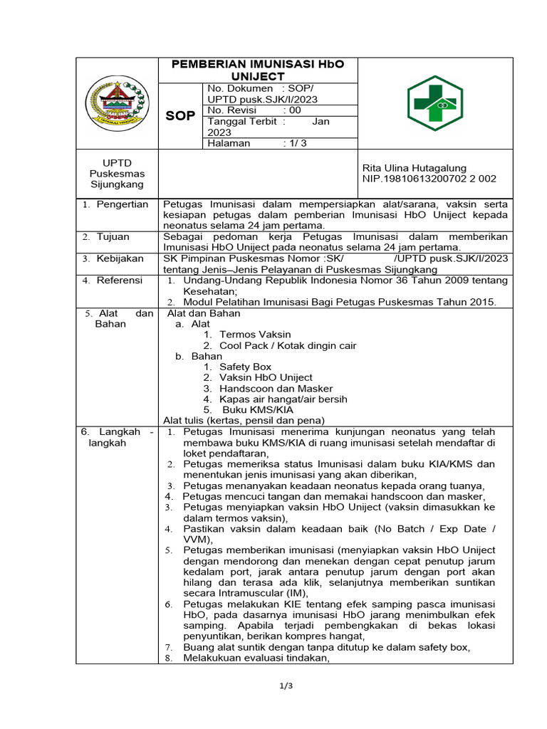 SOP Imunisasi HbO Uniject | PDF