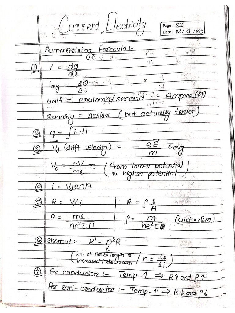 Short Notes and Formula of Current Electricity Class 12 JEE and NEET | PDF