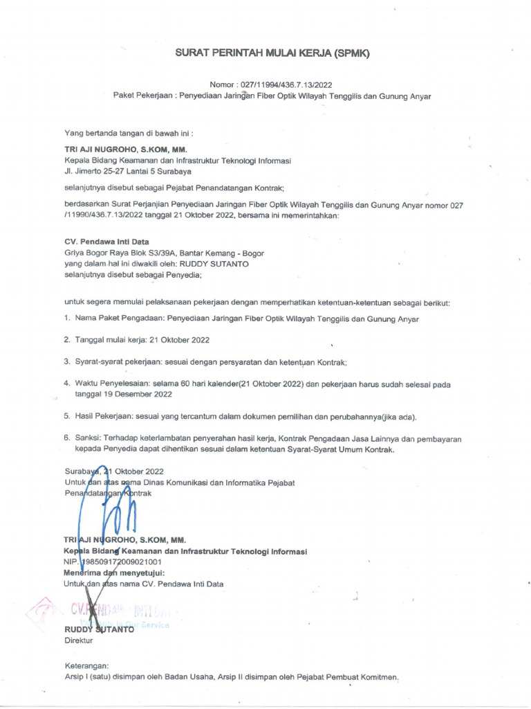 Surat Perintah Mulai Kerja (SPMK) TG | PDF