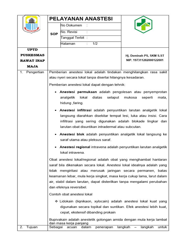 Prosedur Pelayanan Anestesi Lokal | PDF