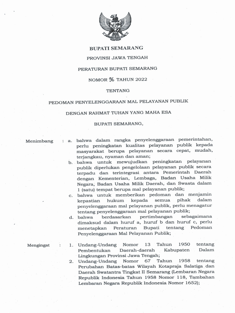 Perbup Pedoman Penyelenggaraan MPP Kab Semarang | PDF