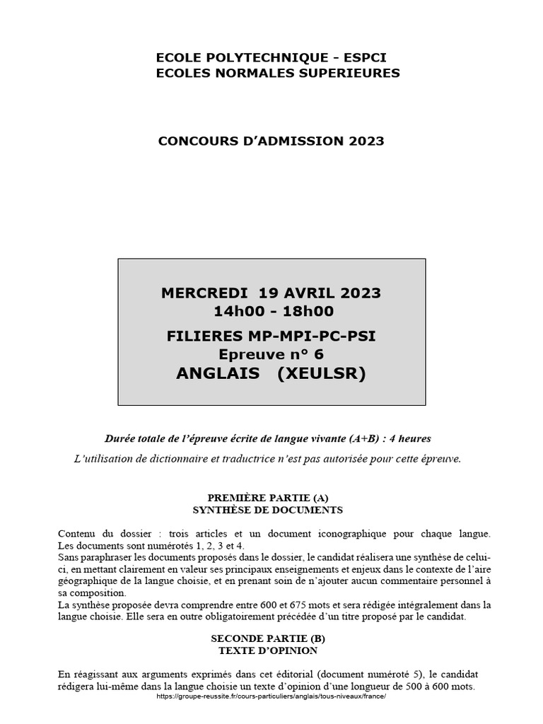 X Ens Anglais 2023 Sujet | PDF