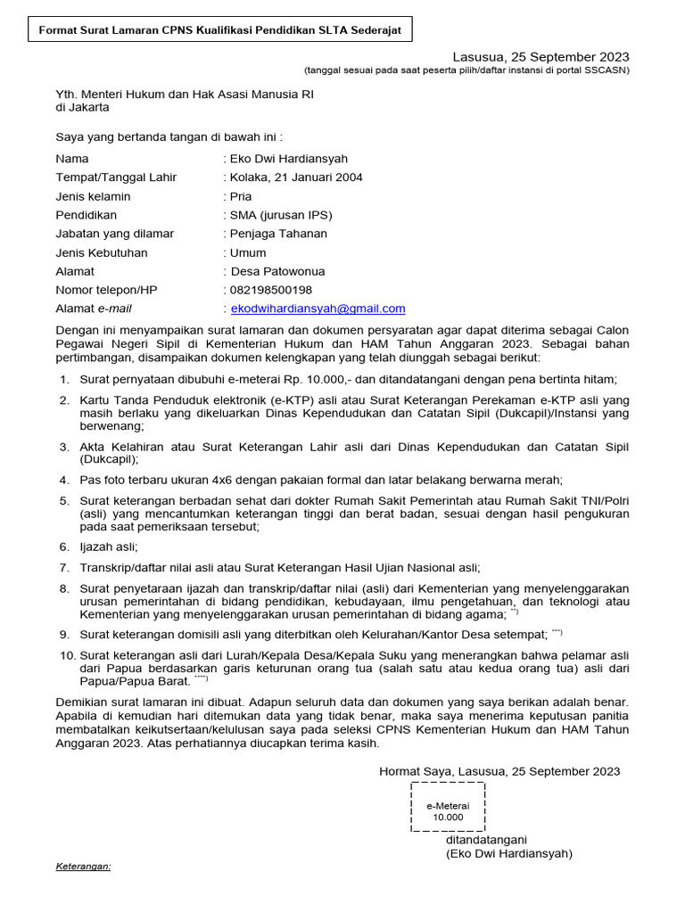 Lamaran CPNS Kemenkumham 2023 | PDF