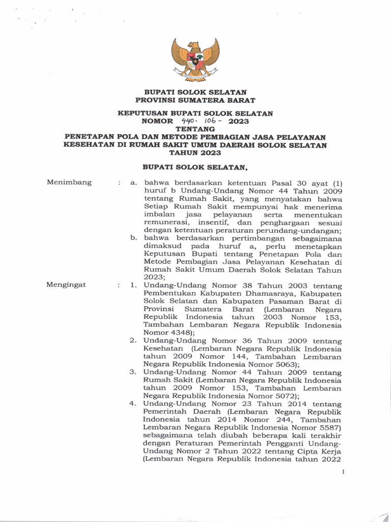 SK Penetapan Pola Dan Metode Pembagian Jasa Pelayanan RSUD 2023-1 | PDF