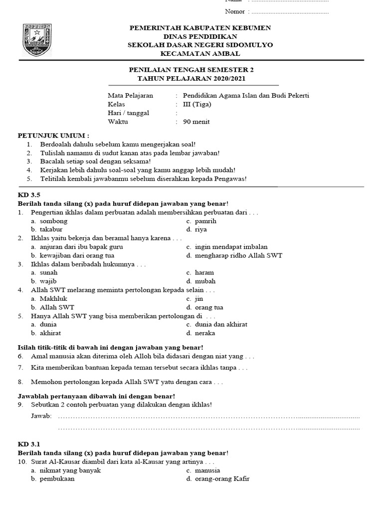 Soal PTS 2 Pai Kelas Iii | PDF Soal PTS 2 Pai Kelas Iii | PDF