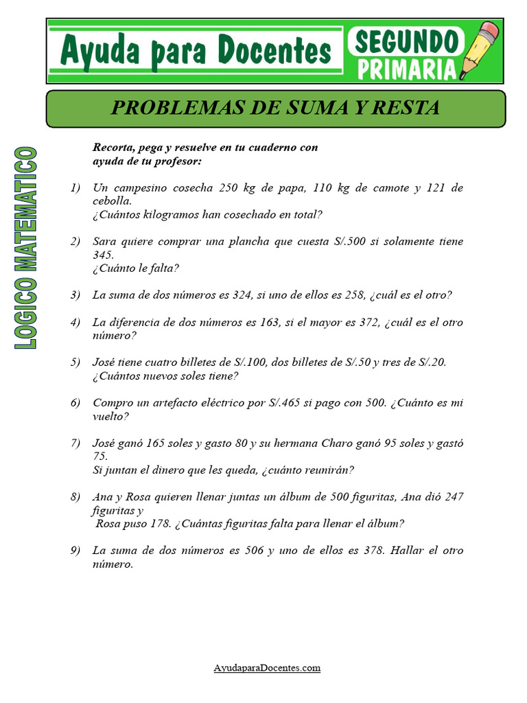 Problemas de Suma y Resta para Segundo de Primaria | PDF