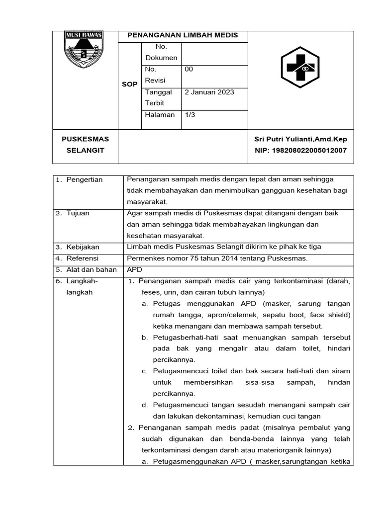 Sop Penanganan Limbah Medis | PDF | Sains & Matematika