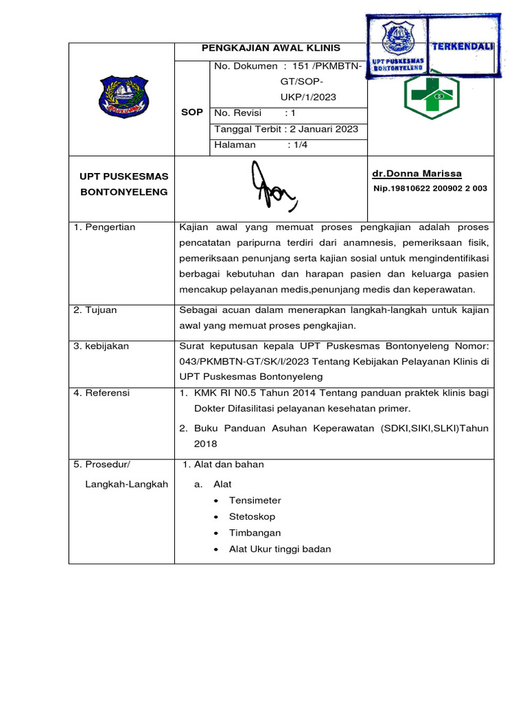 Sop Pengkajian Awal Klinis | PDF