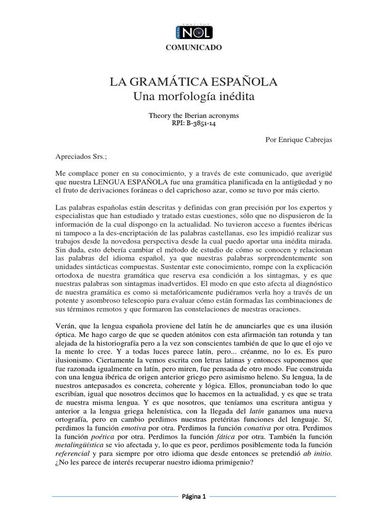 La Gramatica Espanola Una Morfologia Ine | PDF