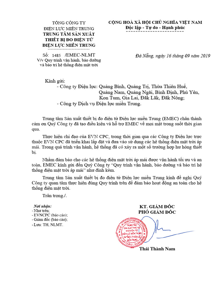 09 2019 No 1485 EMEC Quy Trinh Van Hanh Bao Duong Cong Trinh ĐMTMN | PDF