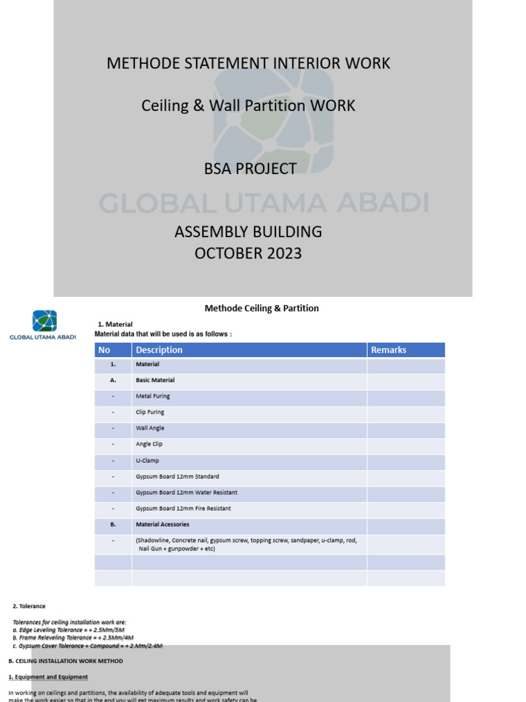Methode Statement Ceiling & Partition | PDF
