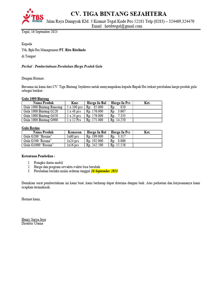 SURAT UPDATE HARGA GULA PER 18 SEP 2023 MT RITA MALL & WARKOM CV TBS ...
