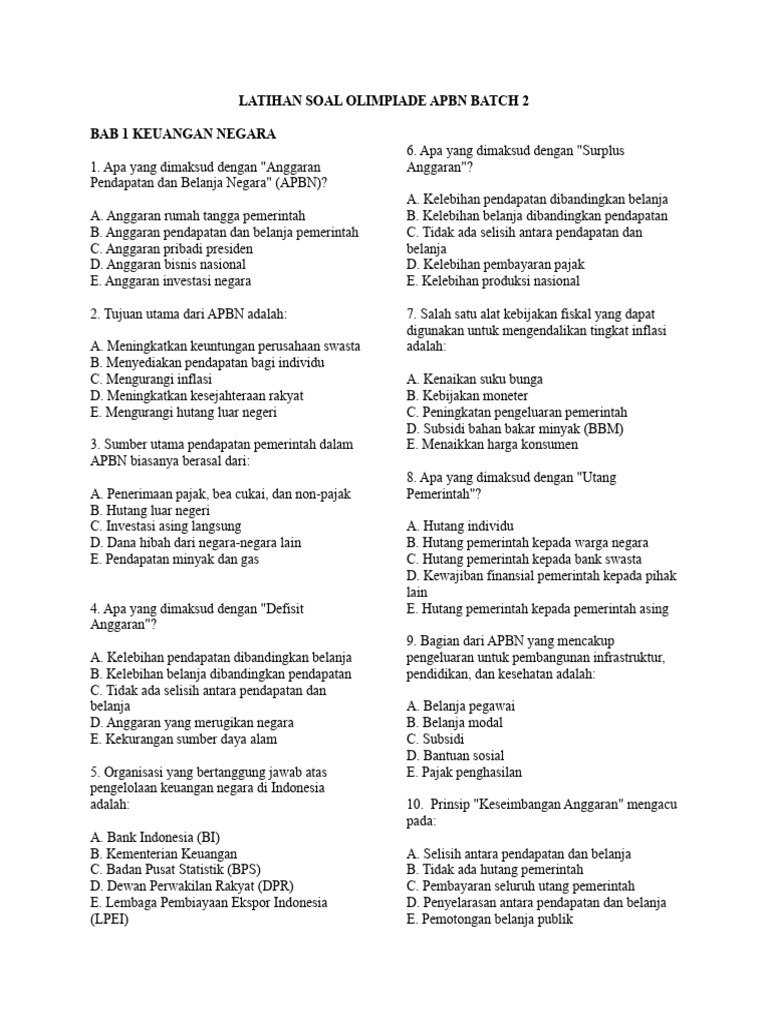 Latihan Soal Olimpiade Apbn Batch 2 (Siswa) | PDF