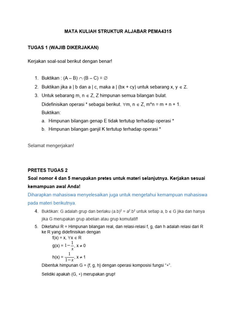 Mata Kuliah Struktur Aljabar Pema4315: Selamat Mengerjakan! | PDF