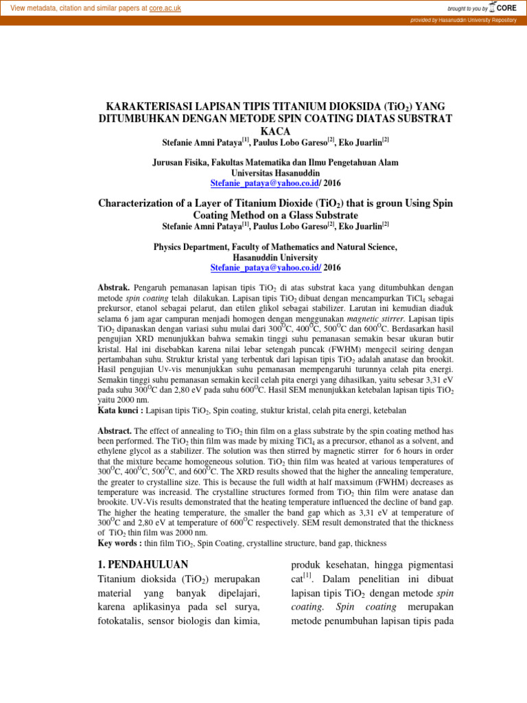 Karakterisasi Lapisan Tipis Titanium Dioksida (Tio) Yang Ditumbuhkan Dengan Metode Spin Coating ...