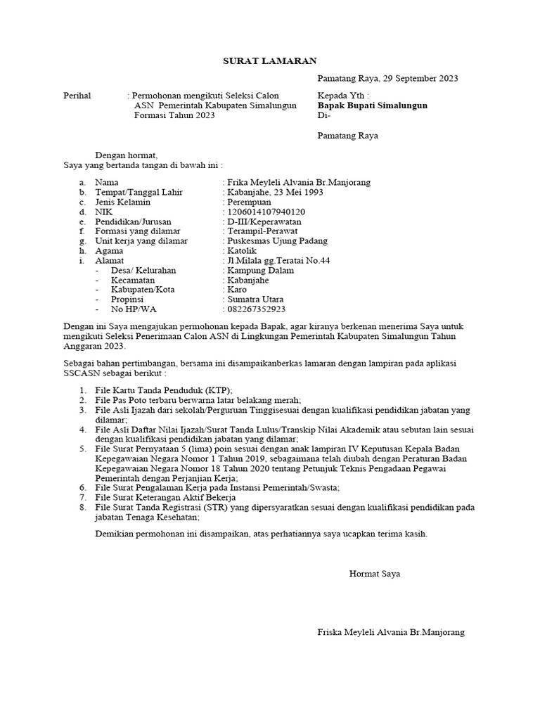 Surat Lamaran Dan Surat Pernyataan - Sunjo | PDF