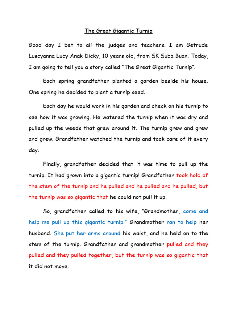 Story Telling Script The Great Gigantic Turnip | PDF
