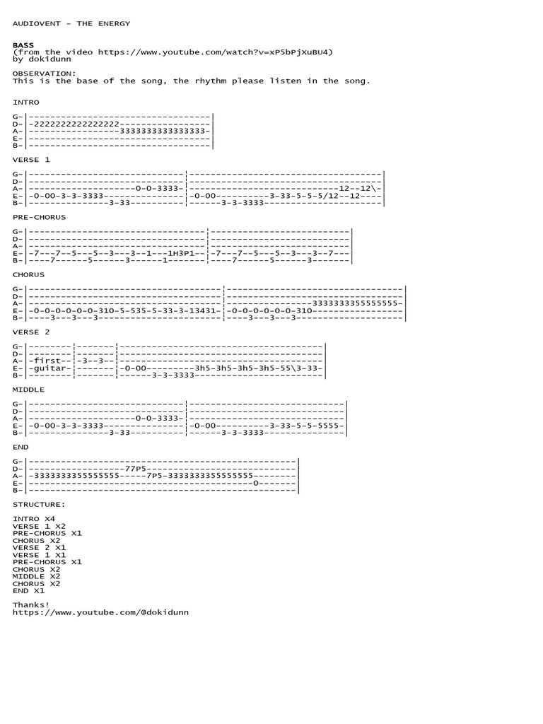 Audiovent - The Energy (Bass Tab) | PDF