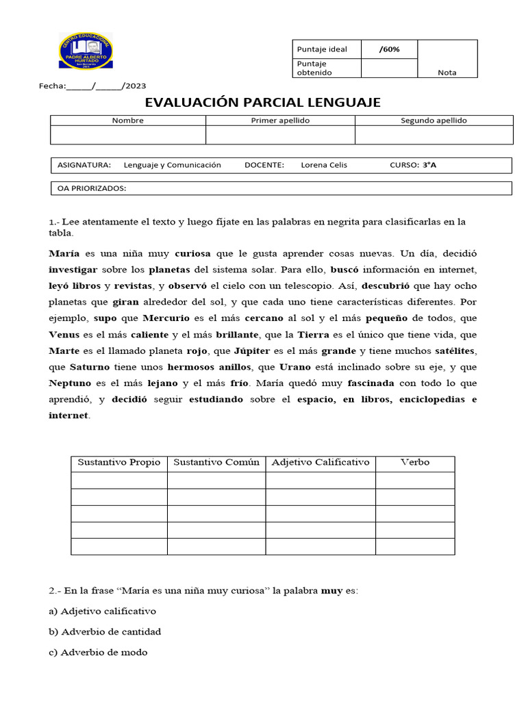 Prueba Lenguaje - Verbo - Sust - Adj - Adv | PDF