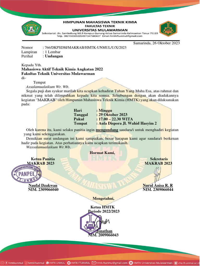 766 - SURAT UNDANGAN Mahasiswa Aktif Teknik Kimia Angkatan 2022 | PDF