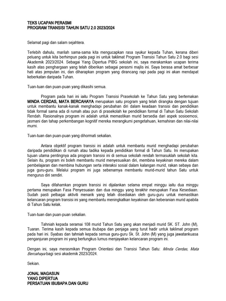 Teks Ucapan Perasmi Program Transisi | PDF