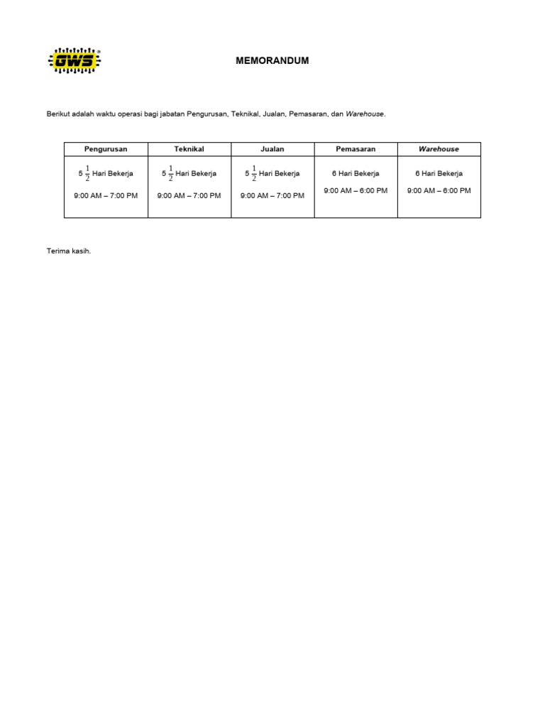 Memo - Waktu Operasi | PDF