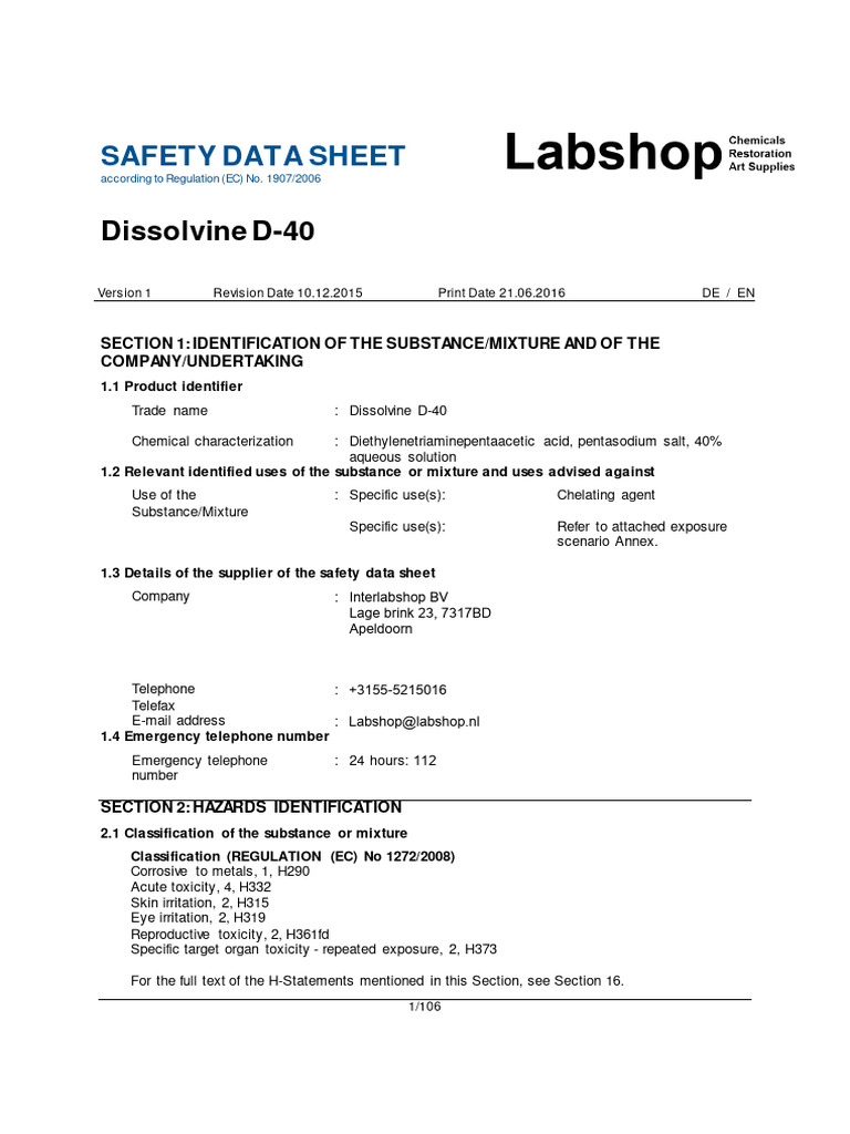O090 MSDS EDTA 40 DISSOLVINE D 40 Labshop | PDF
