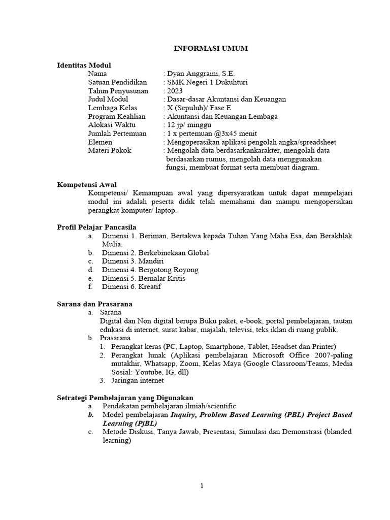 3 Modul Ajar Mengoperasikan Aplikasi Pengolah Angka-Spreadsheet Oke | PDF