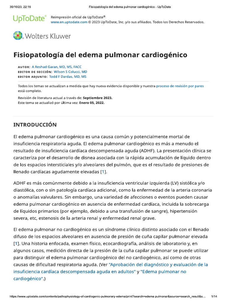 Fisiopatología Del Edema Pulmonar Cardiogénico - UpToDate | PDF