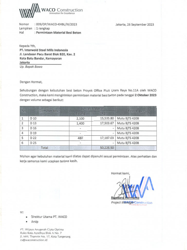 009 - Surat Permintaan Material Besi Beton Ketujuh (SIGNED) | PDF