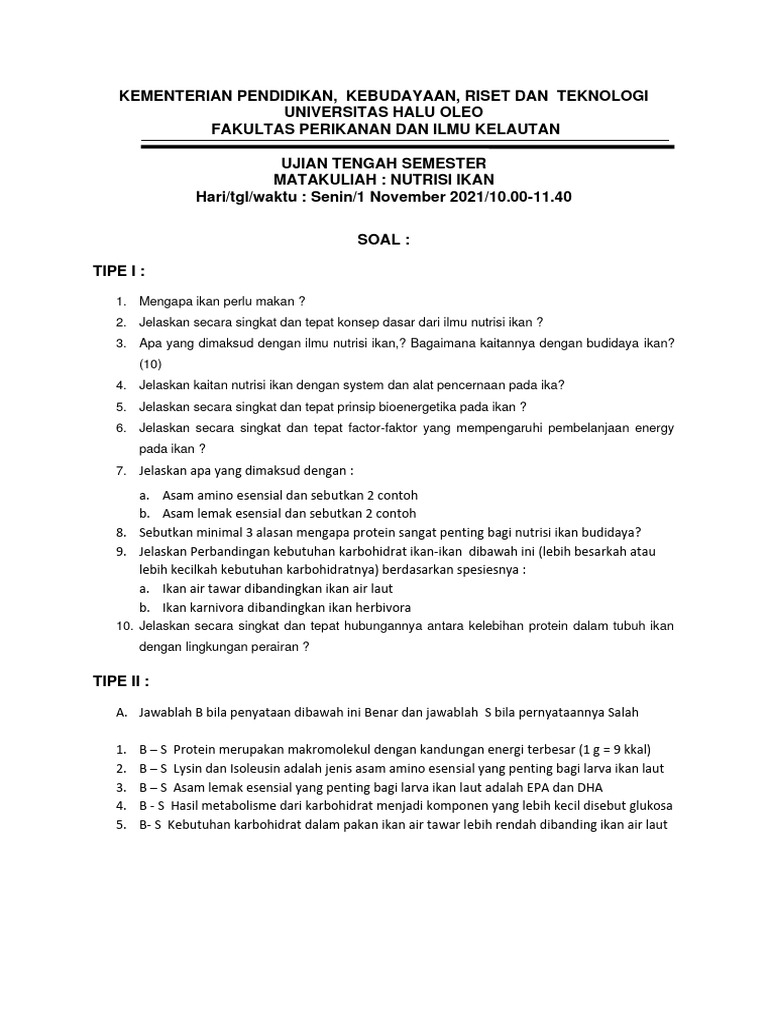 Soal Ujian Tengah Semester Nutrisi Ikan SM Ganjil 2021 | PDF