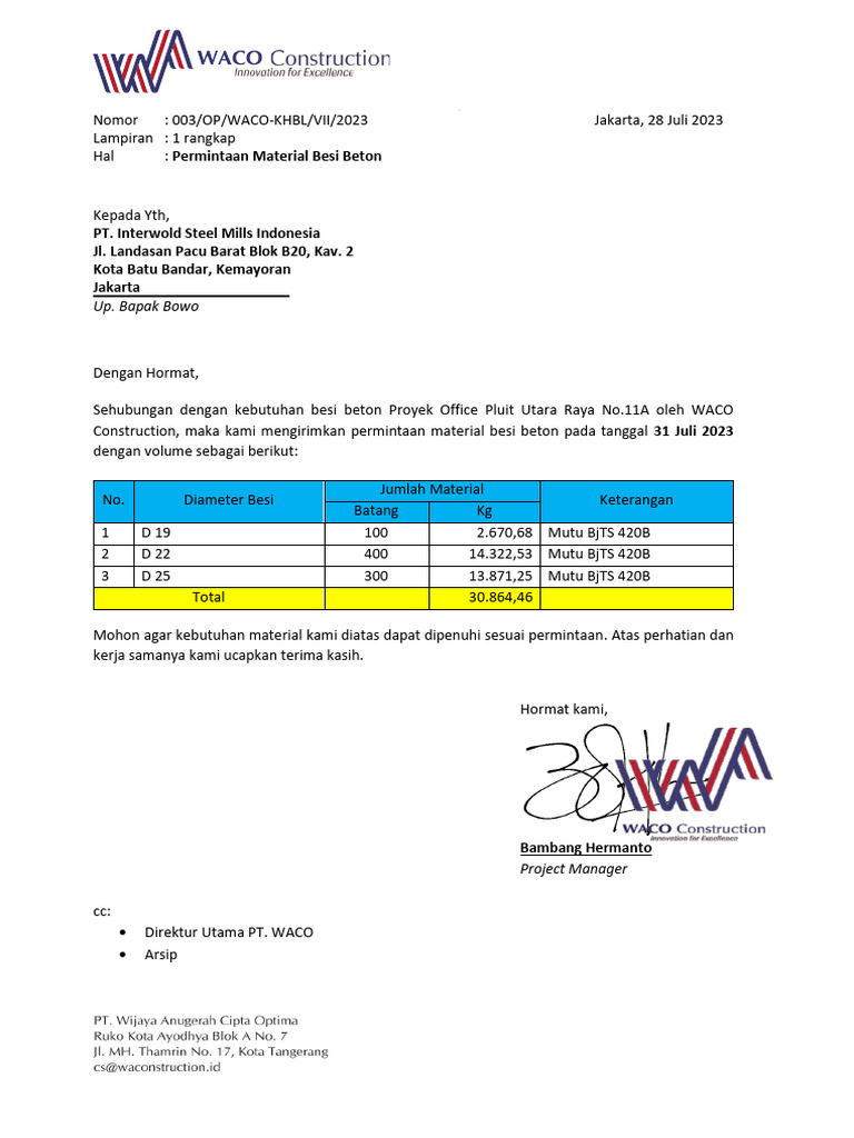 003 - Surat Permintaan Material Besi Beton Kedua (SIGNED) | PDF